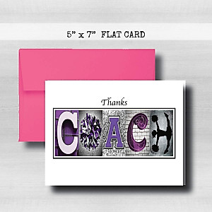 Personalized Cheerleading Purple Coach Thank You Card, 5"x 7" FLAT CARD, Greeting Cards