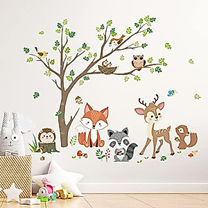decalmile Woodland Animals Tree Wall Stickers Fox Deer Owl Wall Decals Baby Nursery Kids Bedroom Living Room Wall Decor