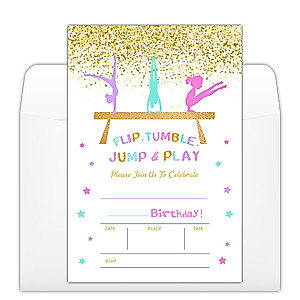 YUEXLL Gymnastics Birthday Party Invitations Cards with Envelopes, Gymnastics Party Invitations, Jump Birthday Celebration Supplies, Double-sided Fill-in bday Invites for Boys Girls- A21