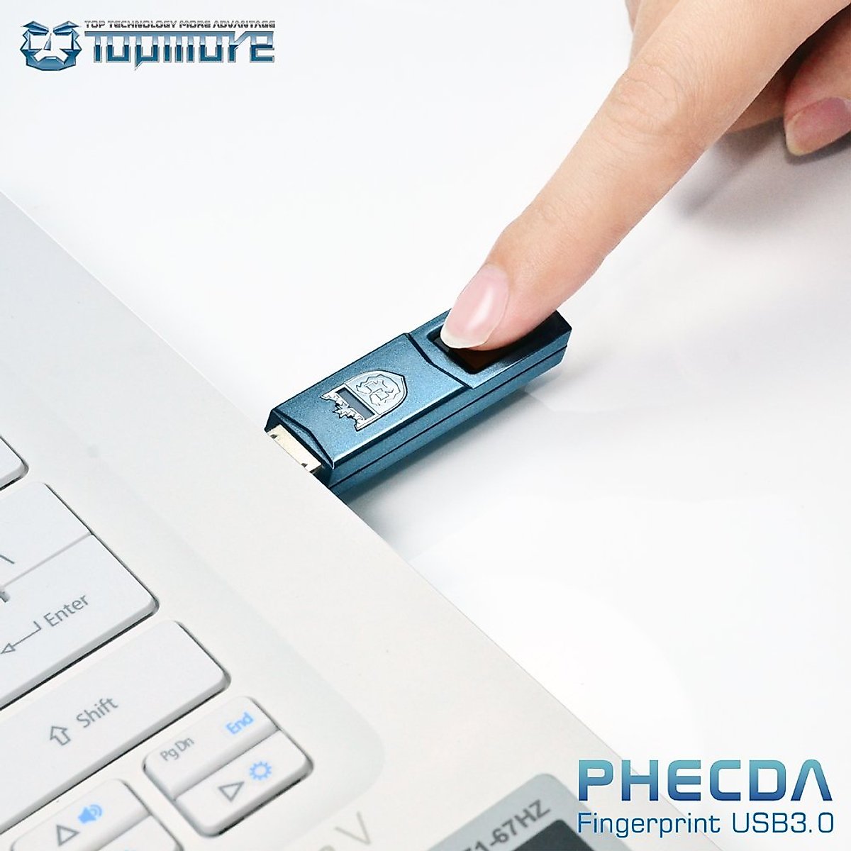 TOPMORE Phecda Fingerprint Recognition USB3.0 Flash Drive Fingerprint ID Security Flash Disk Biometric Fingerprint Reader Memory Stick (64GB, Blue & Silver)