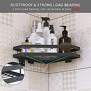 PINNIYOU 2-Pack Corner Shower Caddy, Wall Mounted Bathroom Shelf with Adhesive and 4 Hooks, Storage Organizer for Toilet, Dorm and Kitchen (Black)