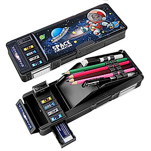 Pop Up Multifunction Pencil Case for Boys(NO LOCK), Cute Cartoon Pen Box Organizer Stationery with Sharpener, Schedule, Whiteboard, School Supplies, Best Birthday Gifts for Kids Teens-Black