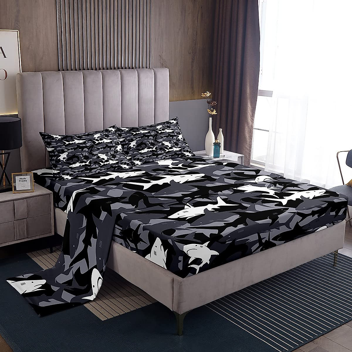 Erosebridal Camo Sharks Fitted Sheet Set Twin Black White Grey Camouflage Ocean Animal Bedding Sets for Kids Boys Teen Cool Shark Bed Sheets,Soft Microfiber Cool Wildlife Top Flat Sheet 1 Pillow Case