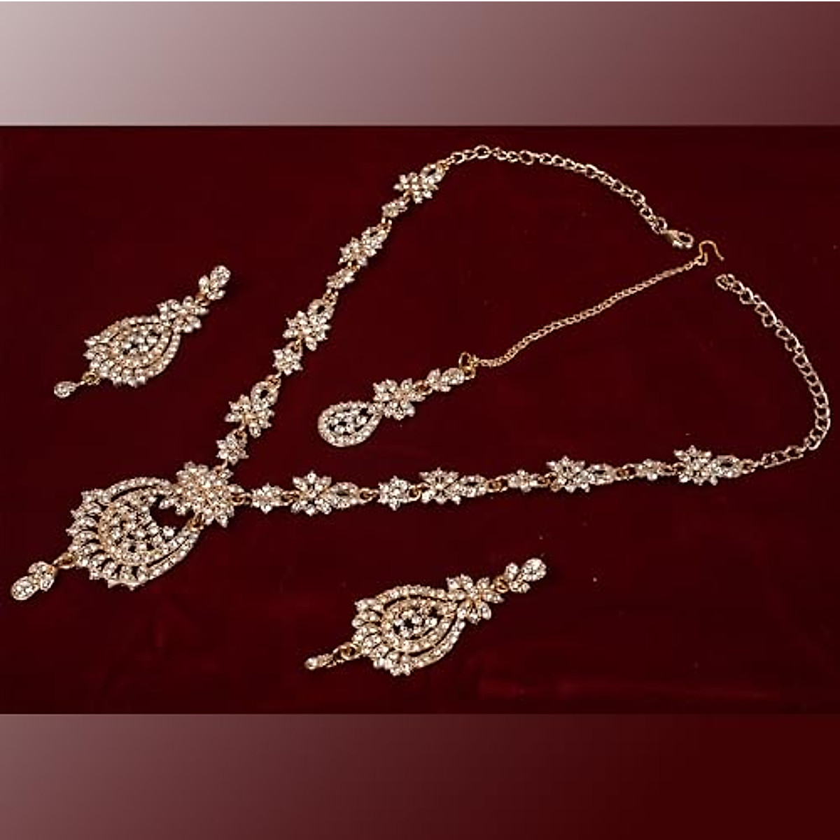 Touchstone Indian Bollywood Trends Filigree Floral Pattern Sparkling Rhinestone Designer Jewelry Necklace Set Mangtika In Antique Gold Tone For Women.