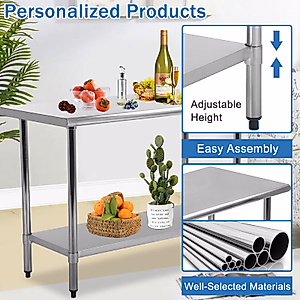 Hudada 24inch x 60inch Stainless Steel Kitchen Work Table Food Prep Table NSF Commercial Worktable Adjustable Table Foot Duty Metal Table Scratch Resistent Antirust Restaurant Kitchen, 24 x 60 inch