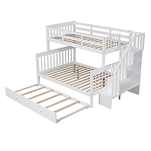 Morhome Twin Over Full Size Bunk Bed with Trundle and Storage Stairs, Solid Wood Stairway Triple Bunk Beds Stairway and Full-Length Guard Rail for Kids Teens Adults Bedroom, Can Be Divided