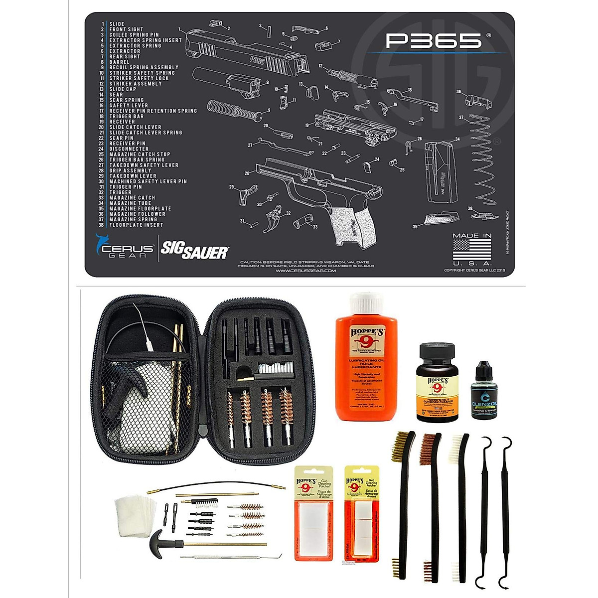 EDOG Range Warrior 27 Pc Gun Cleaning Kit - Compatible with Sig Sauer P365 Pistol - Schematic (Exploded View) Mat, Range Warrior Universal .22 9mm - .45 Kit & Tac Book Accessories Set