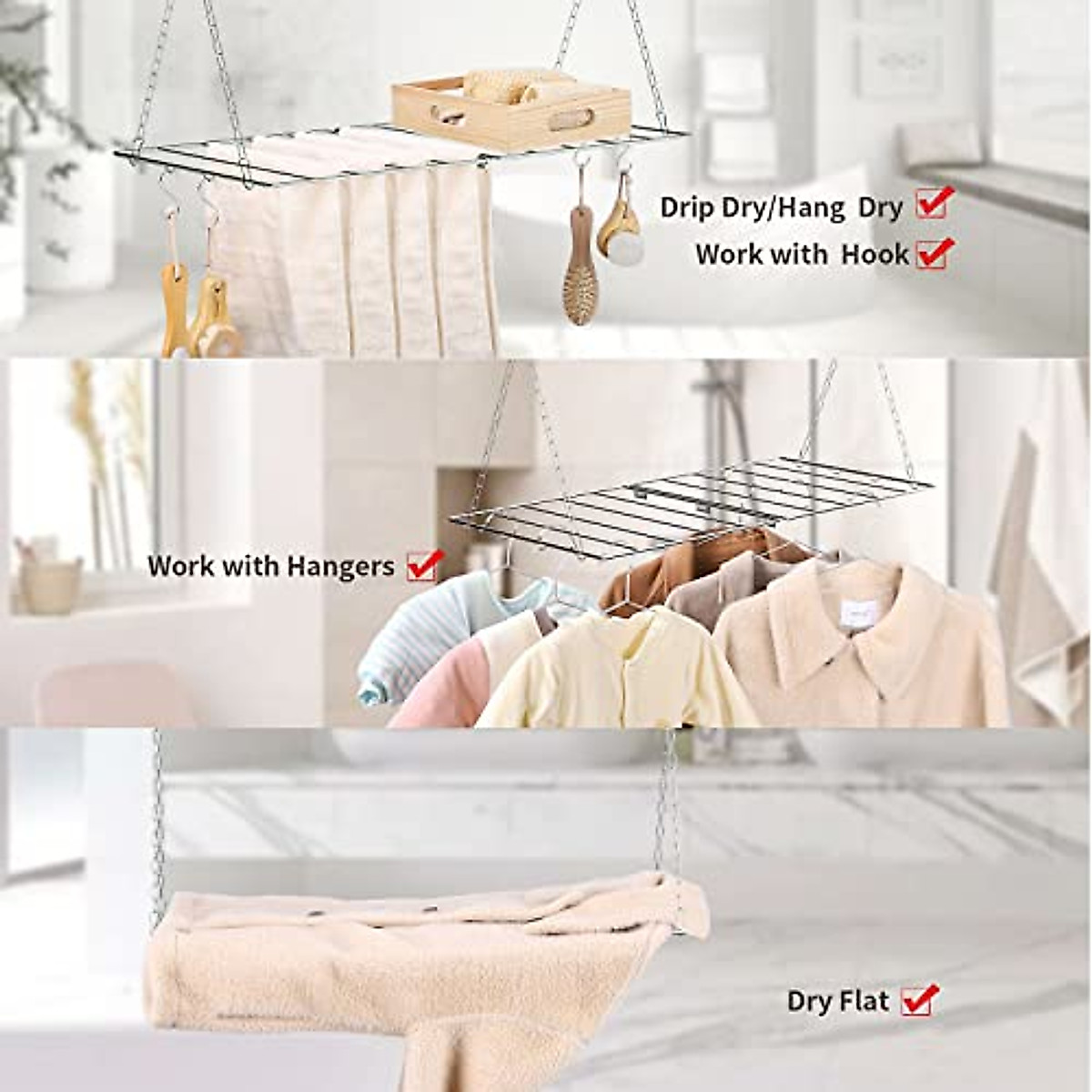WYCQKL Clothes Drying Rack with 4 S Hooks, Space Saving Clothes Dryer, Fold Flat Laundry Rack for Small Item