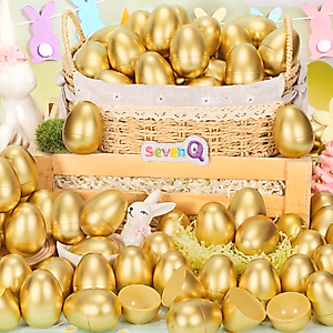 SevenQ Easter Eggs Empty 100Pcs, Fillable Plastic Golden Eggs for Easter Basket Stuffers Fidget Toy Easter Gifts for Kids Party Favors Pinata Treasure Box Candy Goodie Bags Fillers Egg Hunt Essentials