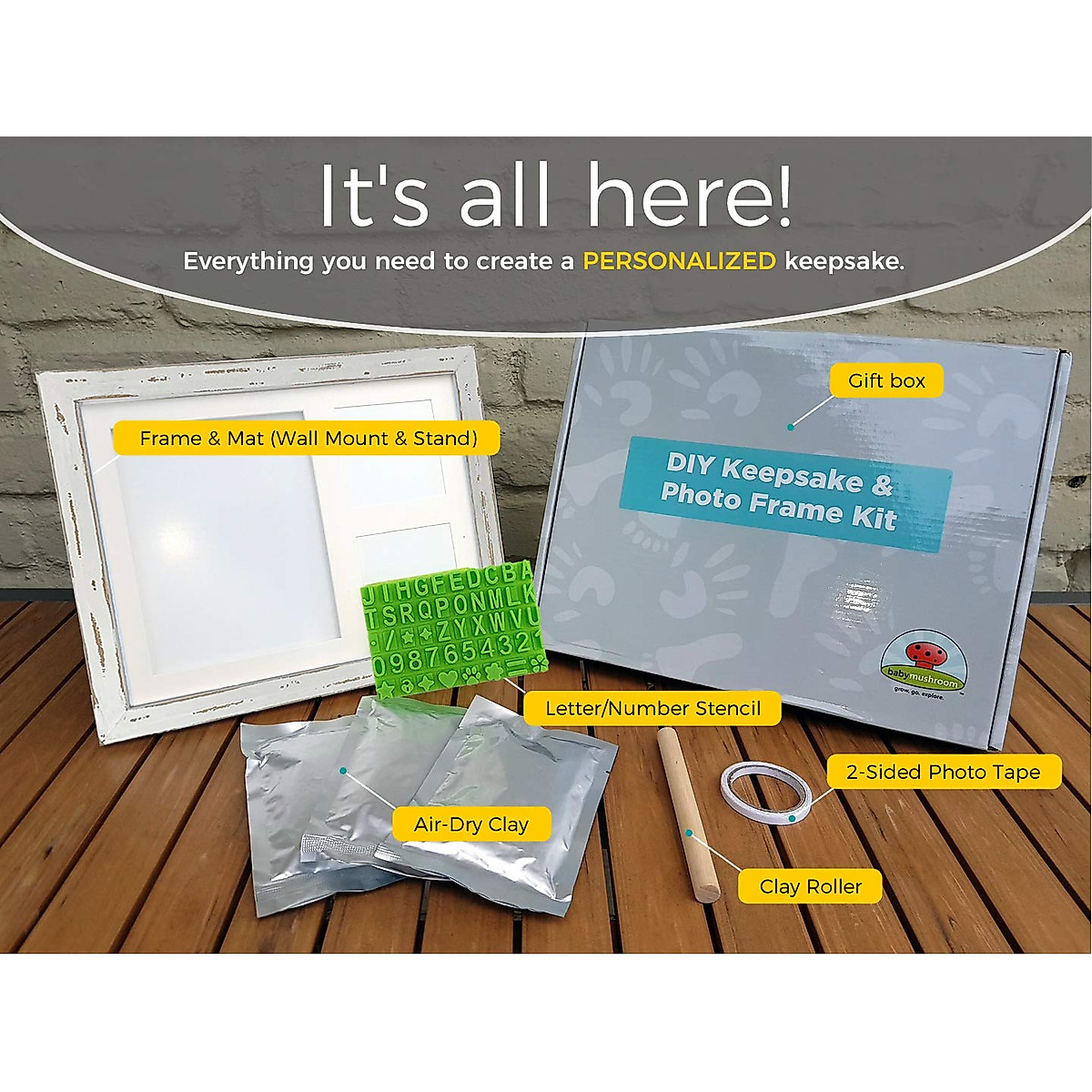 Baby Mushroom Farmhouse Baby Hand & Footprint Picture Frame Keepsake Kit - Rustic 9" x 11" Distressed Wood Frame, Clay, & Stencil for Newborns, New Mom, Registry Gift