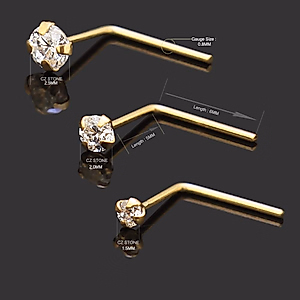 1.5mm Round Cz Gemstne 22 Gauge 9K Solid Yellow Gold L-Shaped Jeweled Nose Stud Piercing Jewelry