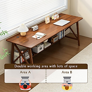 NELYE Extra Long Desk with Bookshelf - Solid Wood Home Office Work Study Table, 2-Person Writing Computer Workstation with Storage Shelf in Walnut, 71" Wx20 Dx30 H