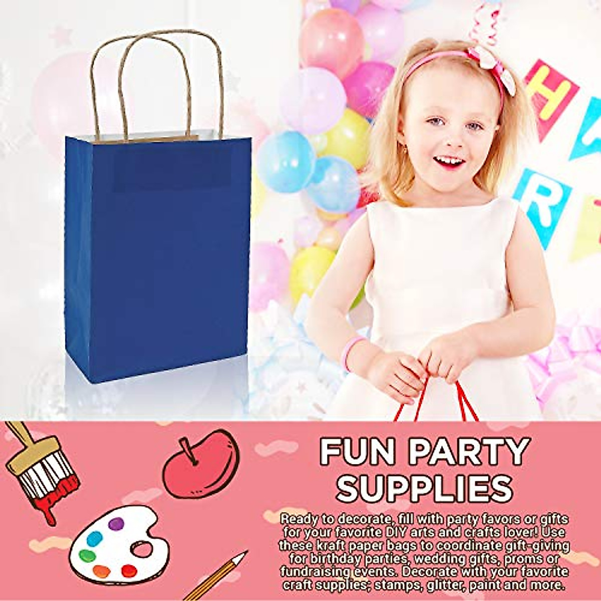 Fun Express Medium Blue Kraft Paper Gift Bags 24 Count - 6 1/2" x 3 1/4" x 9" with 4 1/2" Handles - Craft Supplies Birthday Party Boy Decoration, Baby Shower Decor Supply Set Disposable