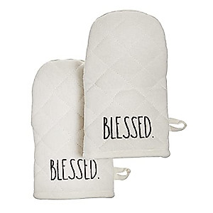 Rae Dunn Mini Oven Mitts Heat Resistant, Quilted Cooking Gloves for Cooking, Grilling, Baking, Kitchen Décor, Home Essentials, Blessed, Cream
