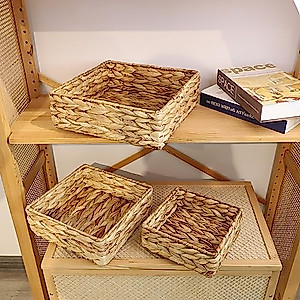 YRMT Water Hyacinth Baskets Set 3 Woven Square Basket for Storage Organizing Decorative Handmade Wicker Basket for Pantry Shelf Cabinet Small 12" x 12" x 4"