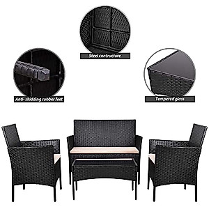 Homall 4 Pieces Patio Rattan Chair Wicker Set,Outdoor Indoor Use Backyard Porch Garden Poolside Balcony Furniture (Black and Beige)