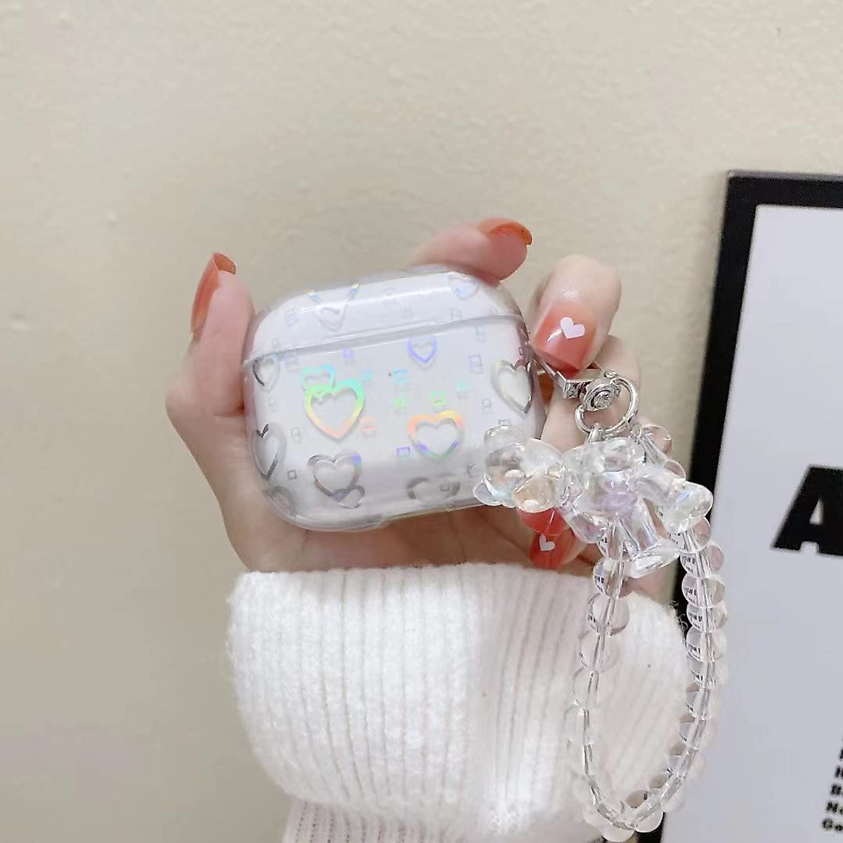 Clear Holographic Heart Case Compatible for Airpods Pro 2nd,Love Heart Laser Pattern Aesthetic Glitter AirPods Protective Cases with Cute Bear Transparent Bead Bracelet Keychain