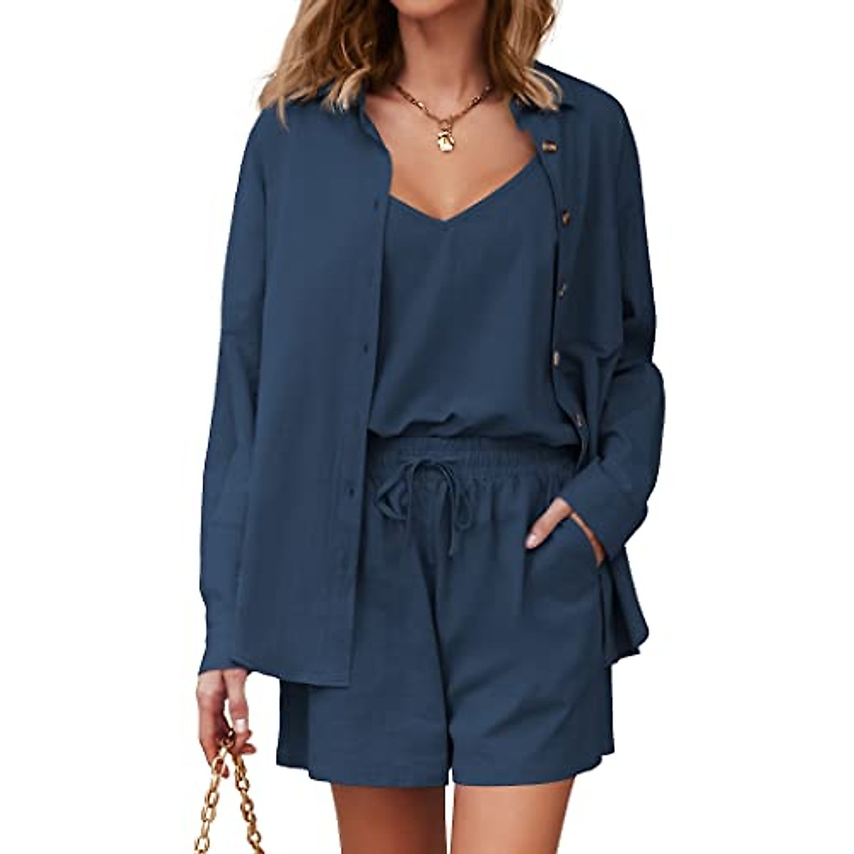 Zeagoo Womens 3 Piece Linen Set Button Down Blouse V Neck Tank Tops High Waisted Cotton Shorts Elastic Waistband