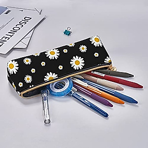 Ykklima White Yellow Daisy Flower Black Leather Pencil Case Zipper Pen Makeup Cosmetic Holder Pouch Stationery Bag for School, Work, Office