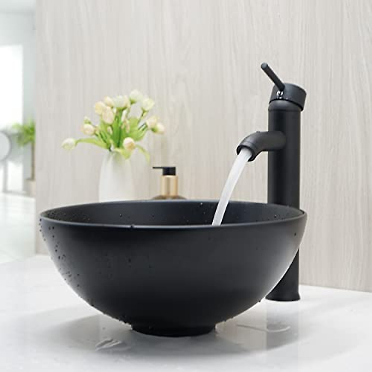 MEKKHALA 13 Inch Bathroom Ceramic Vessel Sink Round Matte Black Above Counter Wash Basin Bowl Combo With Black Mixer Faucet And Waste Drain Set