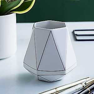 YOSCO Ceramic Desk Cute Pen Holder Stand Gold Line Pencil Cup Pot Desk Organizer Makeup Brush Holder (White)