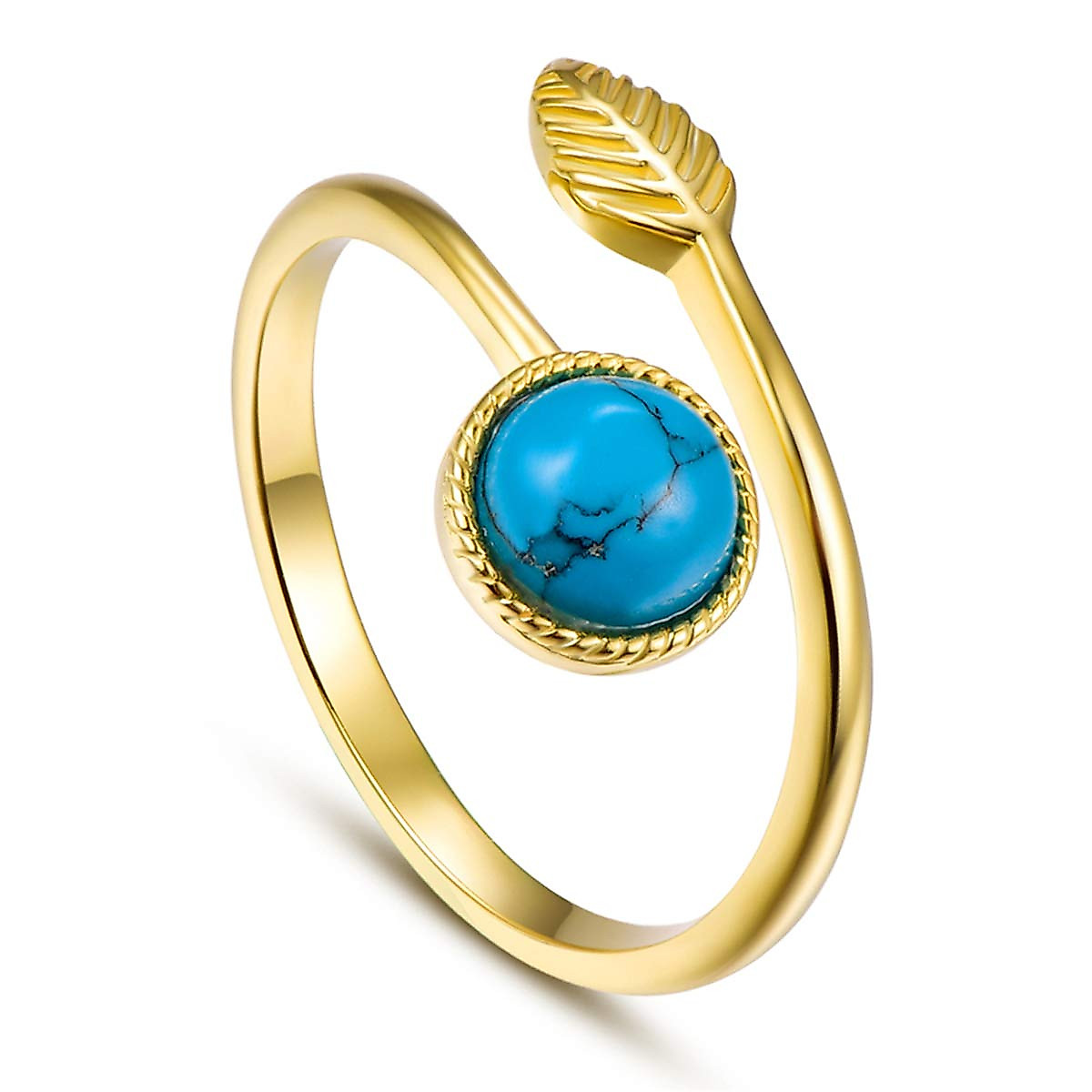 AVECON 14k Gold Plated Turquoise Feather Ring 925 Sterling Silver Adjustable Open Tree Leaf Bands Ring for Women