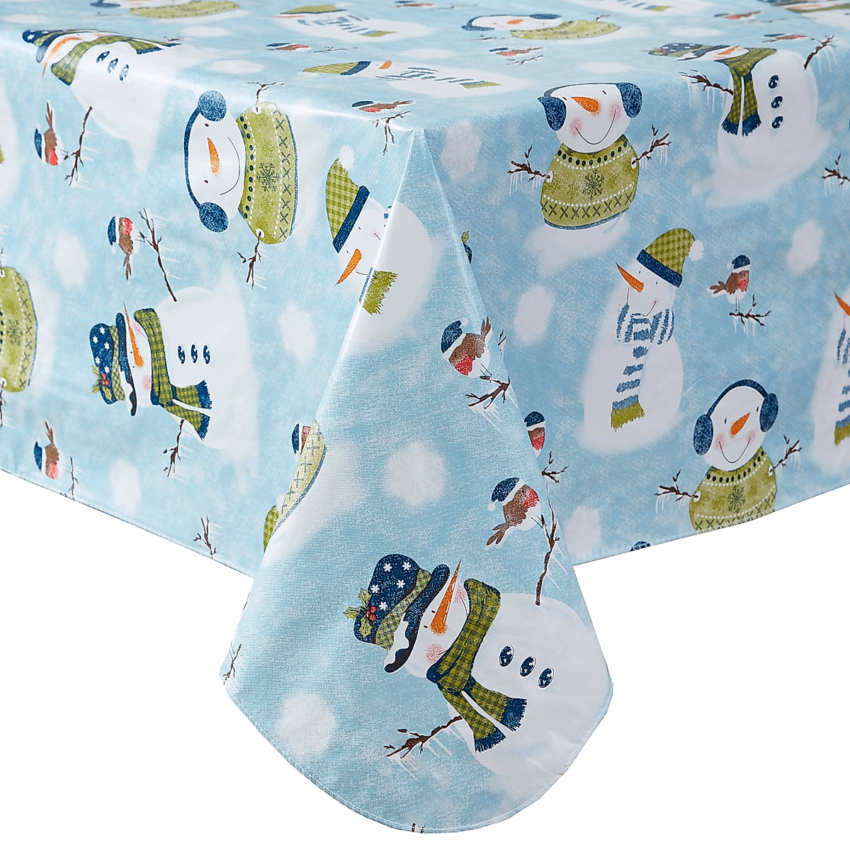 Newbridge Blue Snowy Snowman Print Flannel Back Vinyl Christmas Tablecloth - Cute Snowmen in Sweaters and Scarves Xmas Winter Holiday Wipe Clean Easy Care Tablecloth, 60” x 102” Oblong/Rectangle