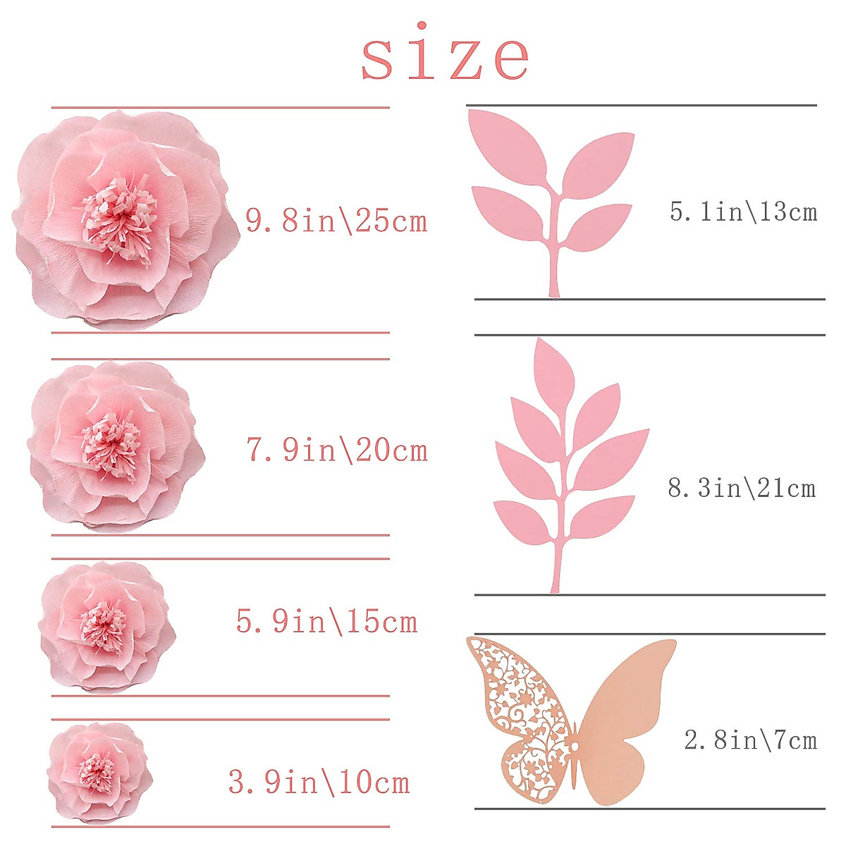 13 Pieces 3D Paper Flowers Pink White with Trees 10" 8" 6" 4" Craft DIY Large Wall Decorations Pom Pom Giant Backdrop Photo Booth Baby Shower Decor Centerpiece Wedding Birthday Party Craft Art