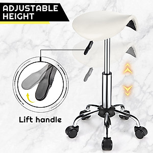 FNZIR Saddle Rolling Stool with Wheels PU Leather Height Adjustable Swivel Stools Chair White