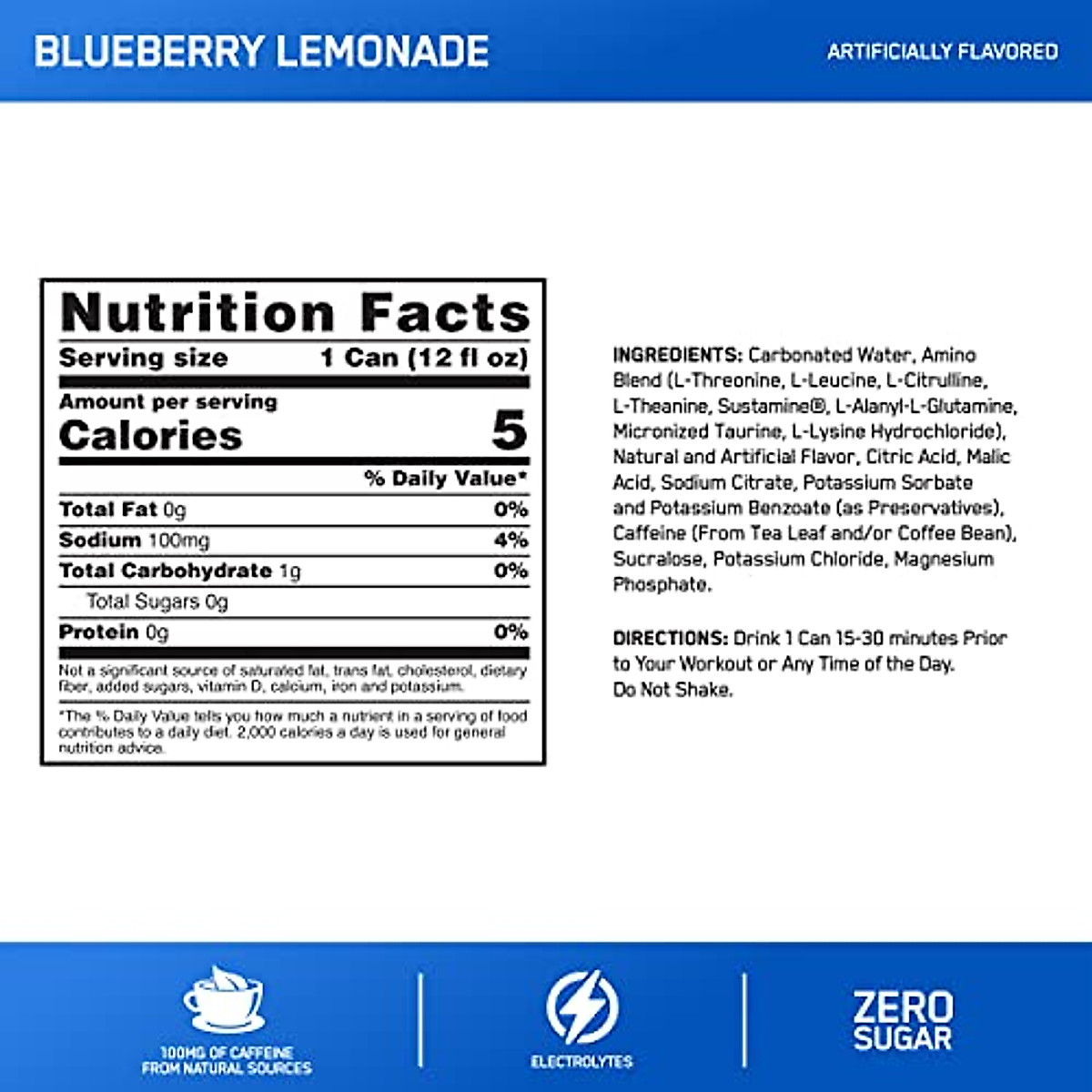 Optimum Nutrition Amino Energy Drink + Electrolytes for Hydration - Sugar Free, Amino Acids, BCAA, Keto Friendly, Sparkling Drink - Blueberry Lemonade, Pack of 12 (Packaging May Vary)