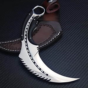 HUAAO Karambit Knife With Leather Sheath Fixed Blade Talon Curved Tiger Claw (leather sheath)