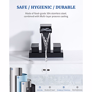 PerPaiMe Waterfall Bathroom Sink Faucet - 4 Inch Centerset Bathroom Faucet Two Handles, Matte Black Bathroom Sink Faucets for 2 or 3 Hole, Stainless Steel Vanity Faucet with Pop-Up Drain & Supply Line