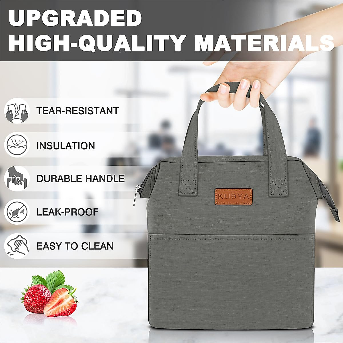 KUBYA Lunch Bag Simple Lunch Box for Women Men Insulated Lunch Bag & 1 Storage bag Reusable Lunch Tote Bag for Work, Picnic Beach or Travel (Grey) 10.63*9.5*5.2 in LBHS-03