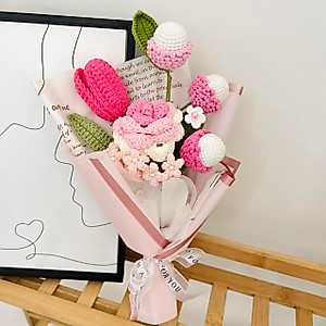 JOMODECOR Handmade Crochet Peony Lychee Bouquet, Knitted Mixed Artificial Forever Flowers with Exquisite Wrap, Gift to Girlfriend Mom Women, Perfect for Valentines, Home Decor, Celebration