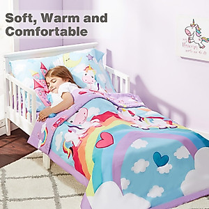 EVERYDAY KIDS 4 Piece Toddler Bedding Set - Unicorn Dreams - Includes Comforter, Flat Sheet, Fitted Sheet and Reversible Pillowcase