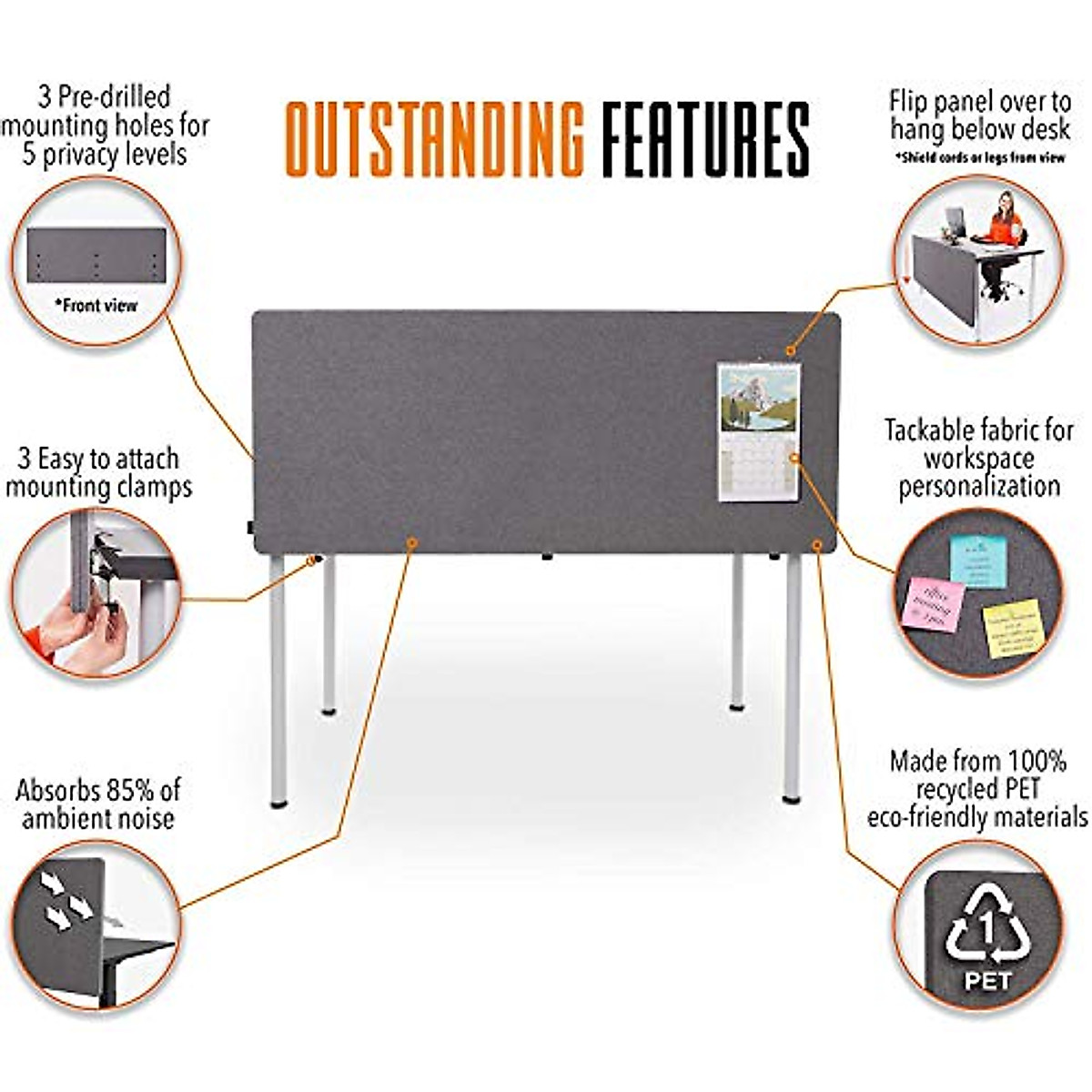 Stand Steady ClipPanel Desk Mounted Privacy Panel | Height Adjustable Desk Divider| Easy Clamp on Privacy Screen or Modesty Panel - Reduces Up to 85% of Noise | (Charcoal / 60" x 24")