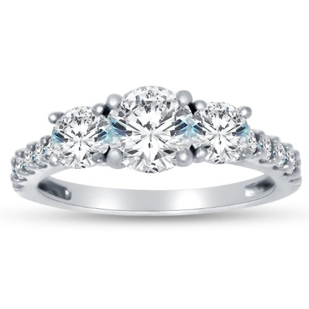 Solid 14k White Gold CZ Cubic Zirconia 3 Three Stone Bridal Engagement Ring w/Matching Wedding Band Two Ring Set - Round Brilliant Cut Solitaire with Round Side Stones (3.0cttw, 1.0ct. Center)