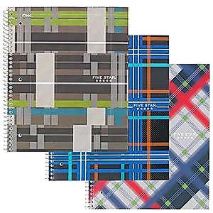 Five Star Spiral Notebooks, 1 Subject, College Ruled Paper, 100 Sheets, 11" x 8-1/2", Graphics, Assorted Designs, 3 Pack (38000)