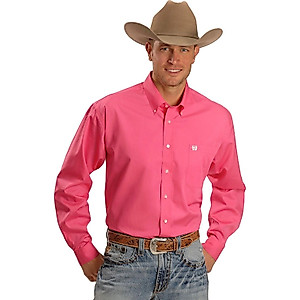 Cinch Men's Classic Fit Long Sleeve Button One Open Pocket Solid Basic Shirt, Pink, Large