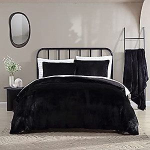 City Scene- Queen Duvet Cover Set, Faux Fur Bedding Set, Ultra Cozy Home Decor (Solid Black, Queen)