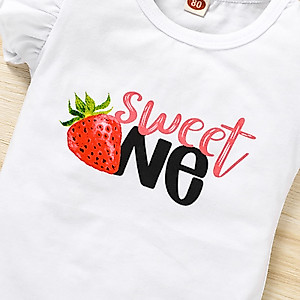 Viworld Baby Girl 1st Birthday Outfits Ruffle Sleeve Romper+Strawberry Bottoms Diaper Shorts+Headband Cake Smash Clothes Set,(White Strawberry,12-18M)