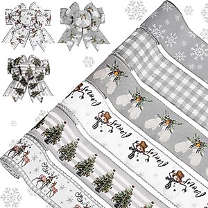 AnyDesign 6 Roll Christmas Wired Ribbon Farmhouse Rustic Craft Ribbon Grey Buffalo Plaid Snowman Snowflake Reindeer Xmas Tree Eucalyptus Gift Ribbon for Xmas Crafts Bow Wreath Gift Wrapping, 30 Yards