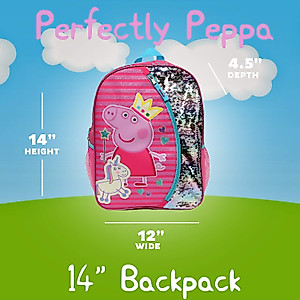 Peppa Pig Backpack for Girls for Kindergarten & Elementary School, 16 Inch, Flip Sequins & Glitter Bookbag with Padded Back & Adjustable Shoulder Straps, Lightweight Travel Bag for Kids