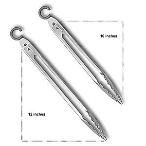 Premium 304 Stainless Steel Barbecue Turners Set, Heavy Duty Cooking Kitchen BBQ Tongs, 10" and 12" Grey