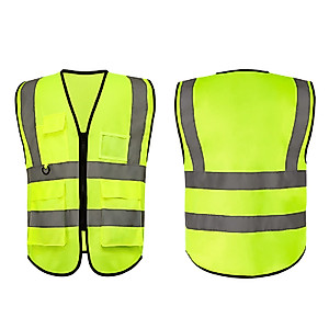 Chesson High Visibility Safety Vest, Medium Size, 2" Reflective Strips, Hi Vis Yellow Vests Multi-Pockets and Front Zipper Work Vest Perfect for Cycling, Running, Volunteer, Construction