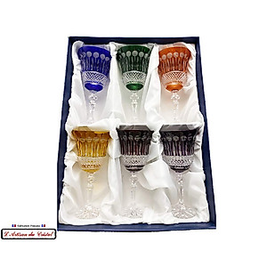 6 Red White Wine And Water Crystal Glasses - 6 Colors Assortments - Roemer Service Diamant(5,7 fl oz) - Klein House - Company : Artisan du Cristal - Gift Set - Stamped : Klein 54120 Baccarat France