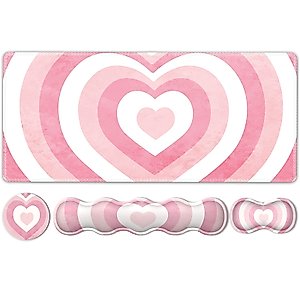 iLeadon Keyboard Mouse Pad Set, Large Gaming Mouse Pad + Keyboard Wrist Rest + Mouse Pad with Wrist Support + Coaster, Easy Typing Pain Relief, Desk Mat Set, Valentines Day Gifts for Her, Pink Heart