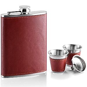 ULTRGEE Hip Flask, Leakproof Flasks [8oz] with 2 Cups & Funnel, Men’s Gift Flask for Whisky Liquor Spirits Adopted Stainless Steel & Brown PU Leather