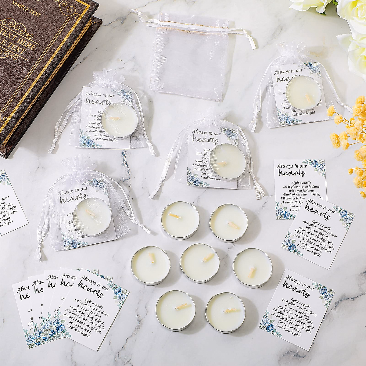 50 Set Funeral Party Favors Memorial White Candles Unscented Funeral Gifts Tealight Candles with Condolence Bereavement Cards and Organza Bags for Guest Celebration of Life Decorations (Elegant)