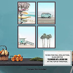 Beach Art Print Set - Tropical Palm Trees, Surfing 8x10 Wall Art Posters - Unique Home Decor for Lake or Ocean House, Bathroom, Bedroom, Living Room, Office - Gift for Surfers - Nautical Photo Poster
